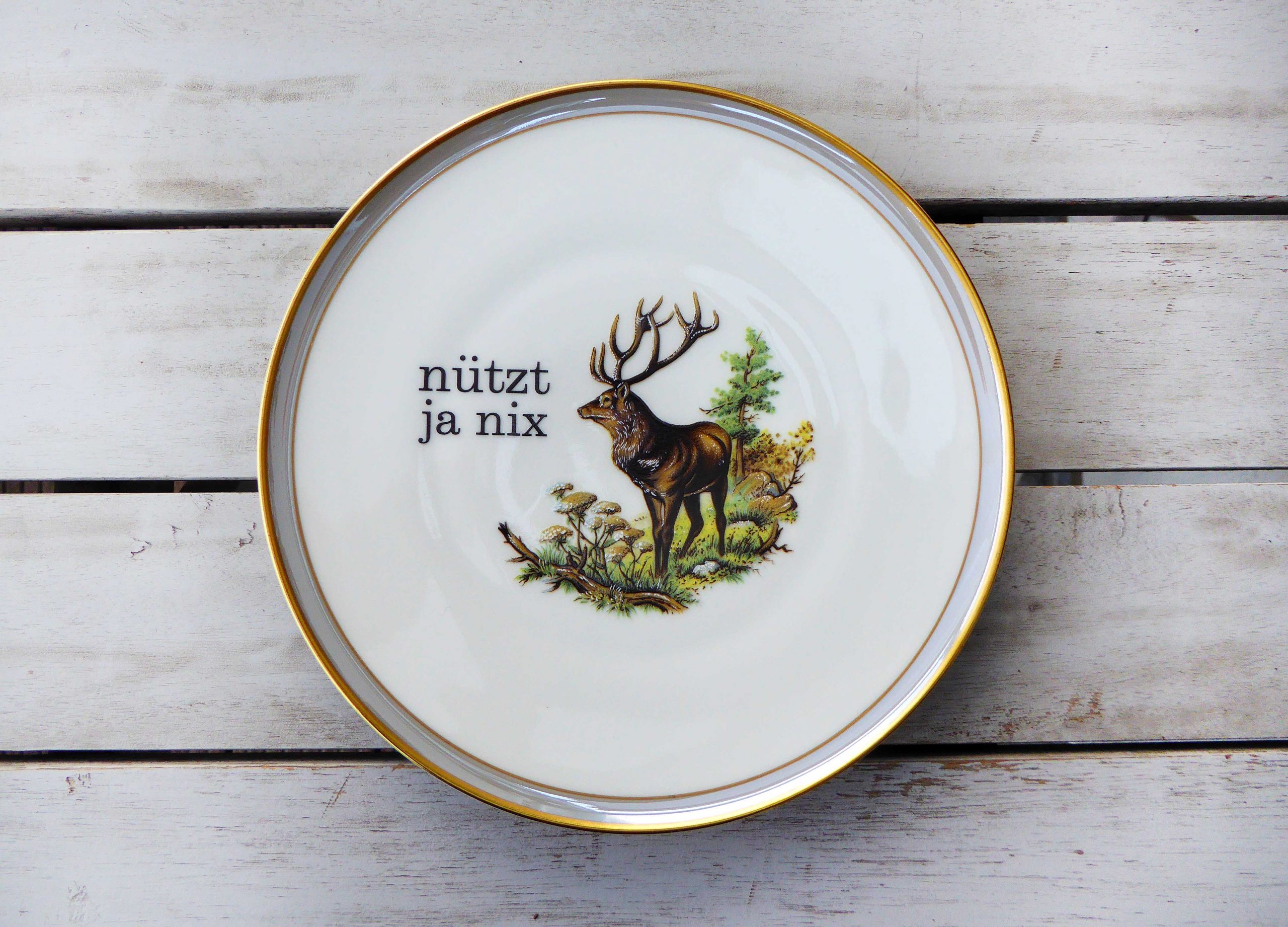 Wandteller Typo nützt ja nix vintage Herr Fuchs Teller Hirsch 19cm gold ...