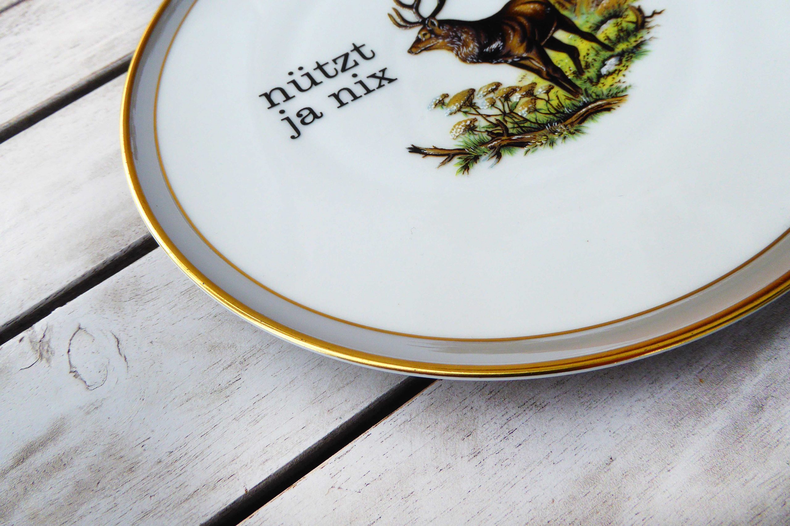 Wandteller Typo nützt ja nix vintage Herr Fuchs Teller Hirsch 19cm gold ...