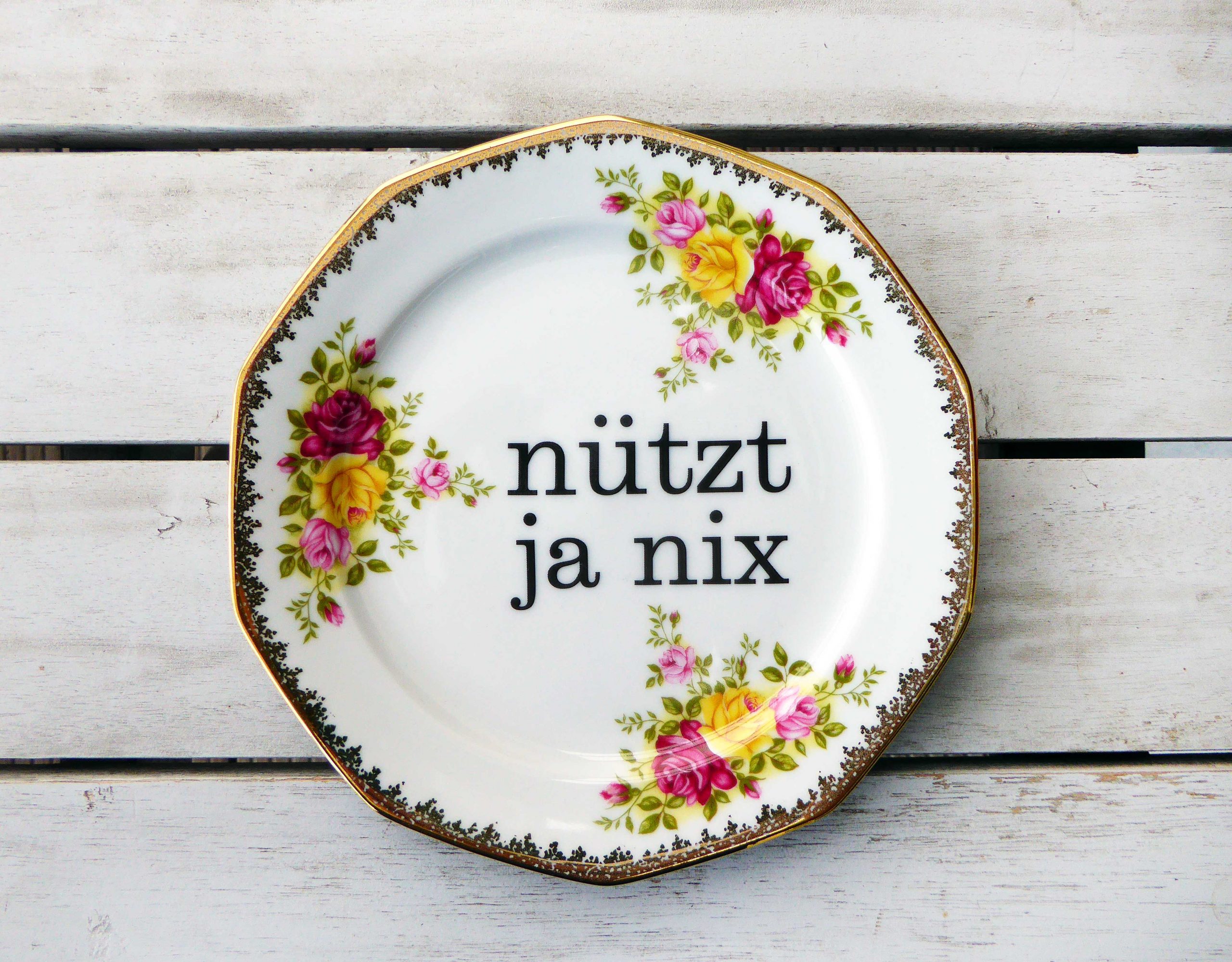 Wandteller Typo nützt ja nix vintage Herr Fuchs Teller Blumen 17cm ...