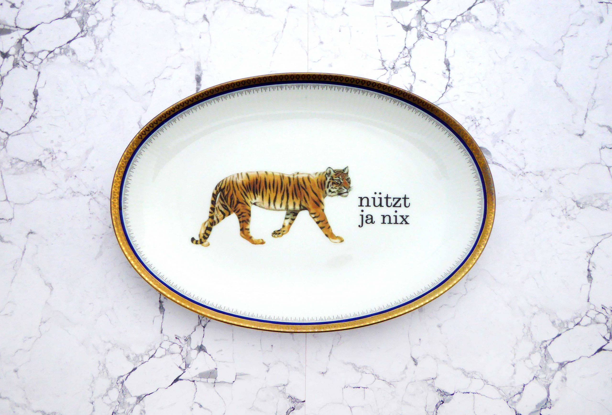 Wandteller Platte Herr Fuchs Typo nützt ja nix 28cm Tiger gold blau ...